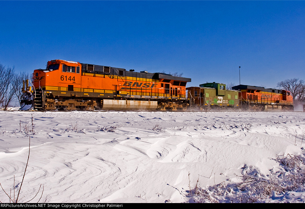 Westbound Snow Coach - BNSF 6144, BN 12121, and BNSF 6414